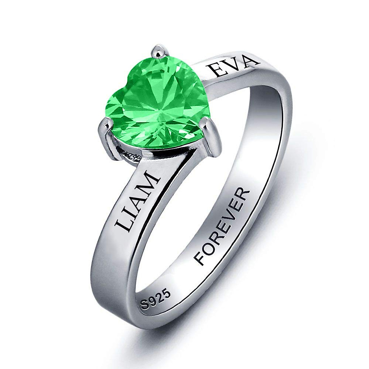 GLAMCARAT Personalized heart sterling silver ring mother’s jewelry with 1 birthstone heart shape engraved customized name birthstone ring with 1 stone