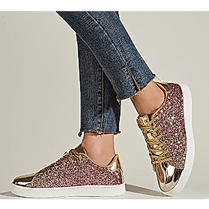 LUCKY STEP Glitter Sneakers Lace up | Fashion Sneakers | Sparkly Shoes for Women (10 B(M) US, Gold)