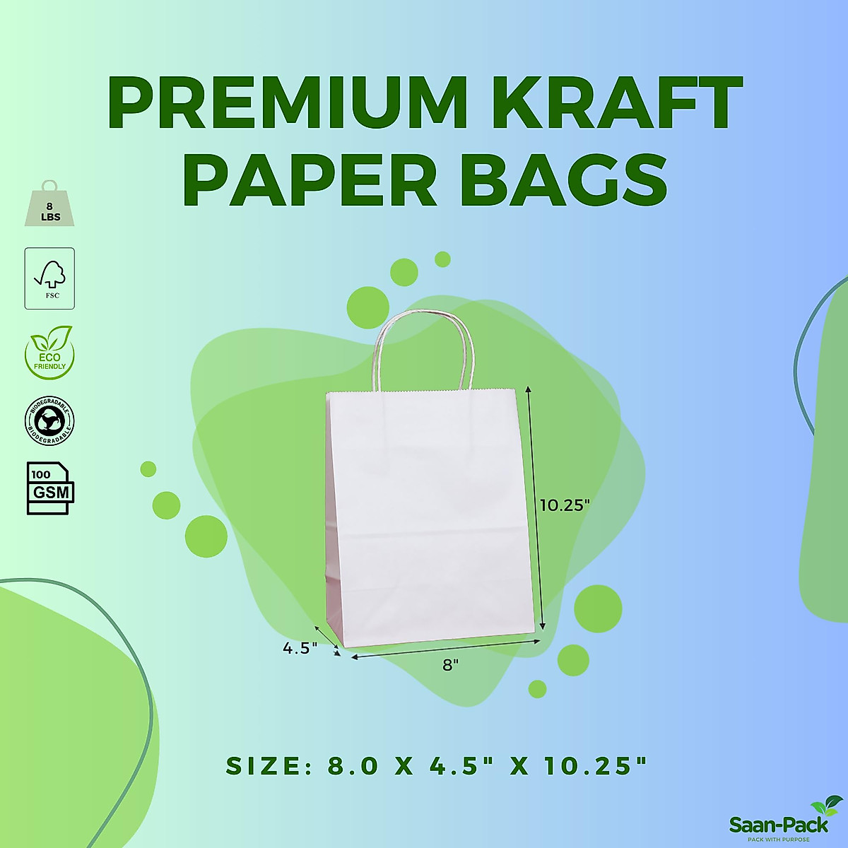 Saan-Pack Kraft Paper Bags with Handles 8"x4.5"x10.25", 25 Pack, White | Paper Gift Bag, Shopping Bag for Parties, Favors, Businesses