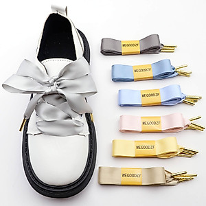 WEGOODZF Ribbon Satin Sneakers Shoelaces: 2 Pair 22mm Wide 47 inch Yellow + Gold Metal Tips Flat Silk Shoe Laces