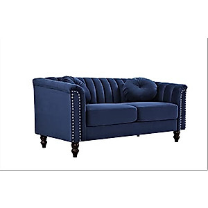Container Furniture Direct Tufted Velvet Sofa with Removable Cushions and Turned Wood Legs, Elegant Living Room Furniture for The Modern Home, 61.4 Inch Loveseat, Dark Blue