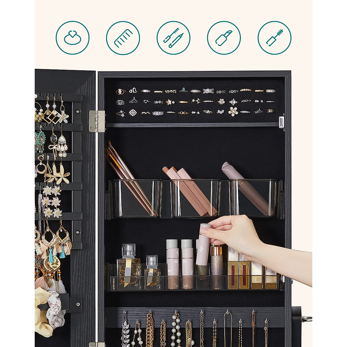 SONGMICS Jewelry Cabinet Armoire, Freestanding Lockable Storage Organizer Unit with 2 Plastic Cosmetic Storage, Full-Length Frameless Mirror, for Necklace Earring, Black UJJC002B01