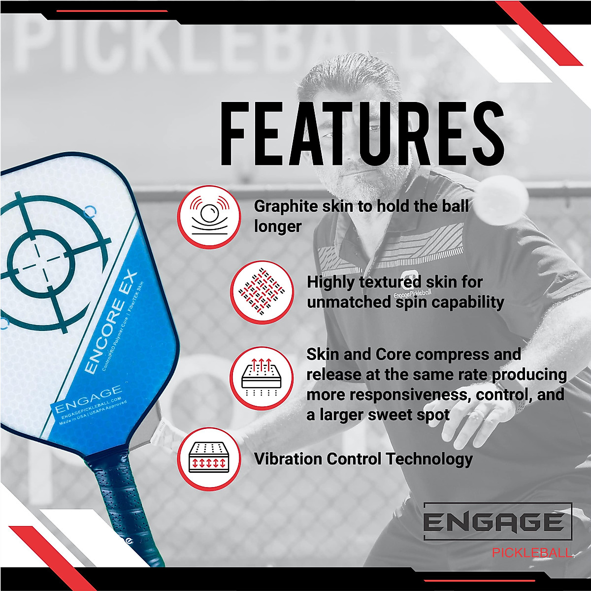 Engage Pickleball Encore EX and MX Pickleball Paddle with Polymer Core - USAPA Approved Pickleball Paddles Pickleball Rackets for Adults (EX LITE, RED)