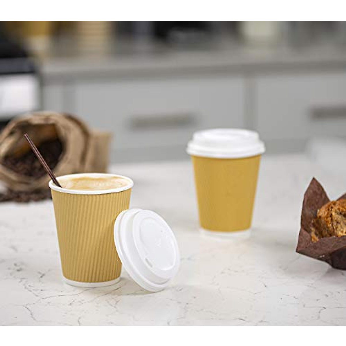 Comfy Package [100 Sets - 12 oz.] Insulated Ripple Paper Hot Coffee Cups With Lids