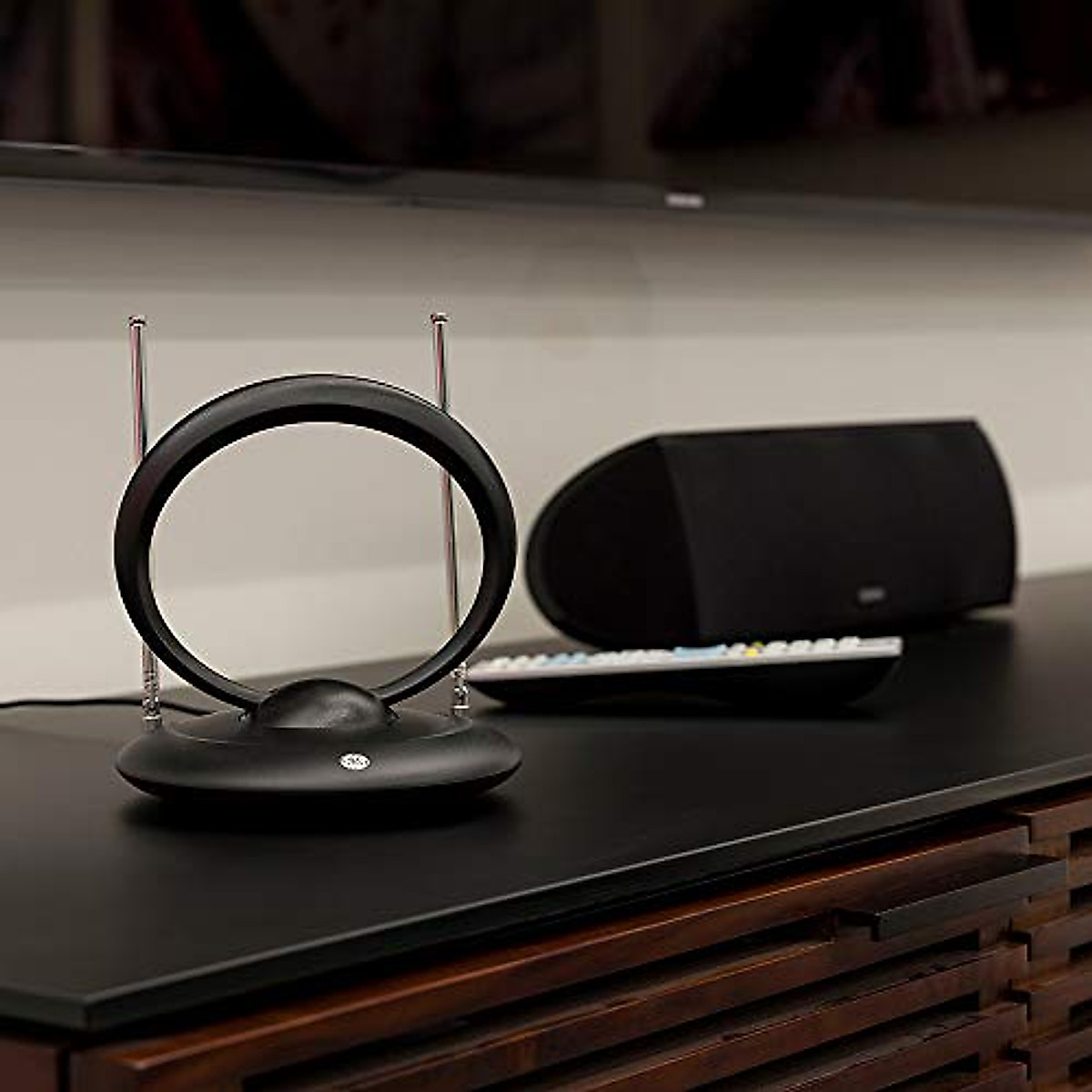 GE Cirular Loop Indoor HD Digital TV Antenna, Long Range Smart TV Antenna, Tiltable loop with 15in Dipoles, Supports 4K 1080P HD Smart TV VHF UHF, Passive Modern Rabbit Ear, 4ft Coax HDT Cable, 33694