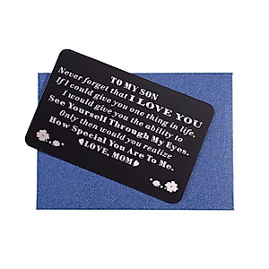 Personalized Engraved Message Wallet Card Inserts Customized for Son from Mom - I Love You - Birthday Christmas Graduation Deployment - Unique Custom Metal Cards for Him from Mother