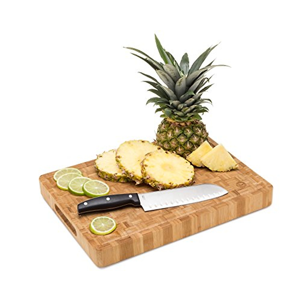 End Grain Wood Bamboo Cutting Board for Kitchen, Commercial Use - Extra Large, Thick Butcher Block with Juice Groove, Handles, and Non-Slip Feet for Chopping Veggies, Carving Meat, Bread and Cheese