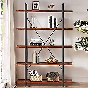 HSH Natural Real Wood Bookcase, 5 Tier Industrial Rustic Vintage Etagere Bookshelf, Open Metal Farmhouse Solid Wooden Book Shelf, Distressed Brown