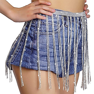 hoyuwak Rhinestone Waist Chain Belt Silver Gold Body Chain Crystal Belly Dance Chain Body Jewelry for Women Rave Festive (Style 1, Alloy(Silver), Rhinestone(Cystal White)