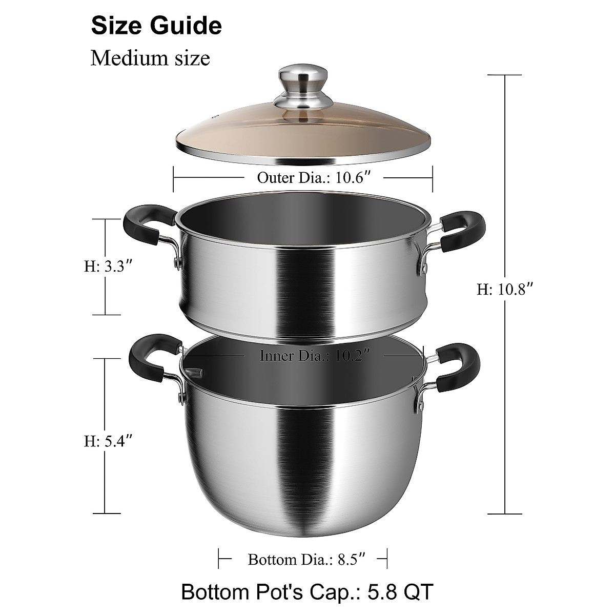 VENTION Small Vegetable Steamer 10.2 Inch, 5-Ply Thick Stainless Steel Steamer for Cooking, 5.8 QT Stove Top Steamer Pot, Steam Pot