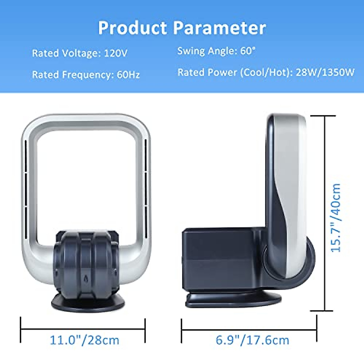 InfiniPower Wall Mounted Fan Bladeless with Remote Controller, 2-in-1 No Leaf Heater & Fan Combo with Rotatable Head, 9-Hour Timing, 3 Gear Normal & Heating Airflow Adjustable, Grey, 15.7 "