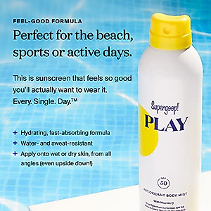 Supergoop! PLAY Antioxidant Body Mist w/ Vitamin C, 6 fl oz - SPF 50 PA++++ Reef-Friendly, Broad Spectrum Sunscreen - Body Spray for Sensitive Skin - Clean Ingredients - Great for Active Days
