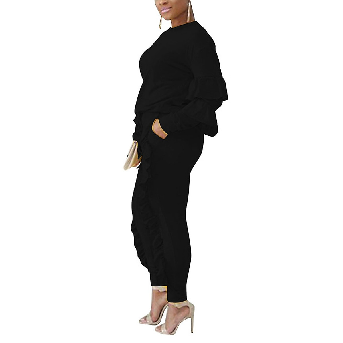 KANSOON Women 2 Pieces Outfits Long Sleeve Sweatshirt and Bodycon Ruffle Sweatpants Tracksuits Black Large