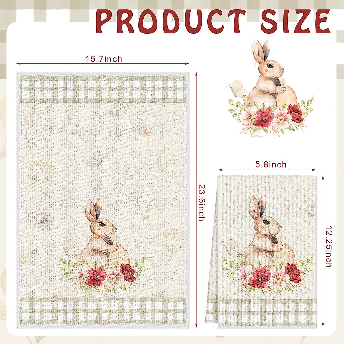 Kajaia 4 Pieces Easter Kitchen Towels and Dishcloths Easter Bunny Flower Egg Kitchen Towels Buffalo Plaid Hand Towels Dish Towels Easter Kitchen Decor (Bunny)