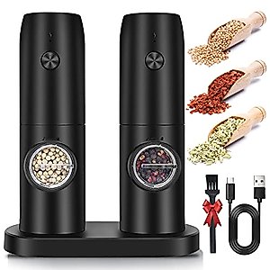 Electric Salt and Pepper Grinder Set, aKosco USB Rechargeable with LED Light, One Hand Operation Pepper Grinder, Adjustable Coarseness, Kitchen Gadgets Refillable Base, 2 Pack