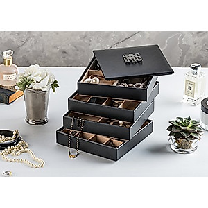 Glenor Co Jewelry Organizer Tray - 4 Stackable Trays & Lid with Mirror - 27 Slot Storage for Drawer, Dresser - Black