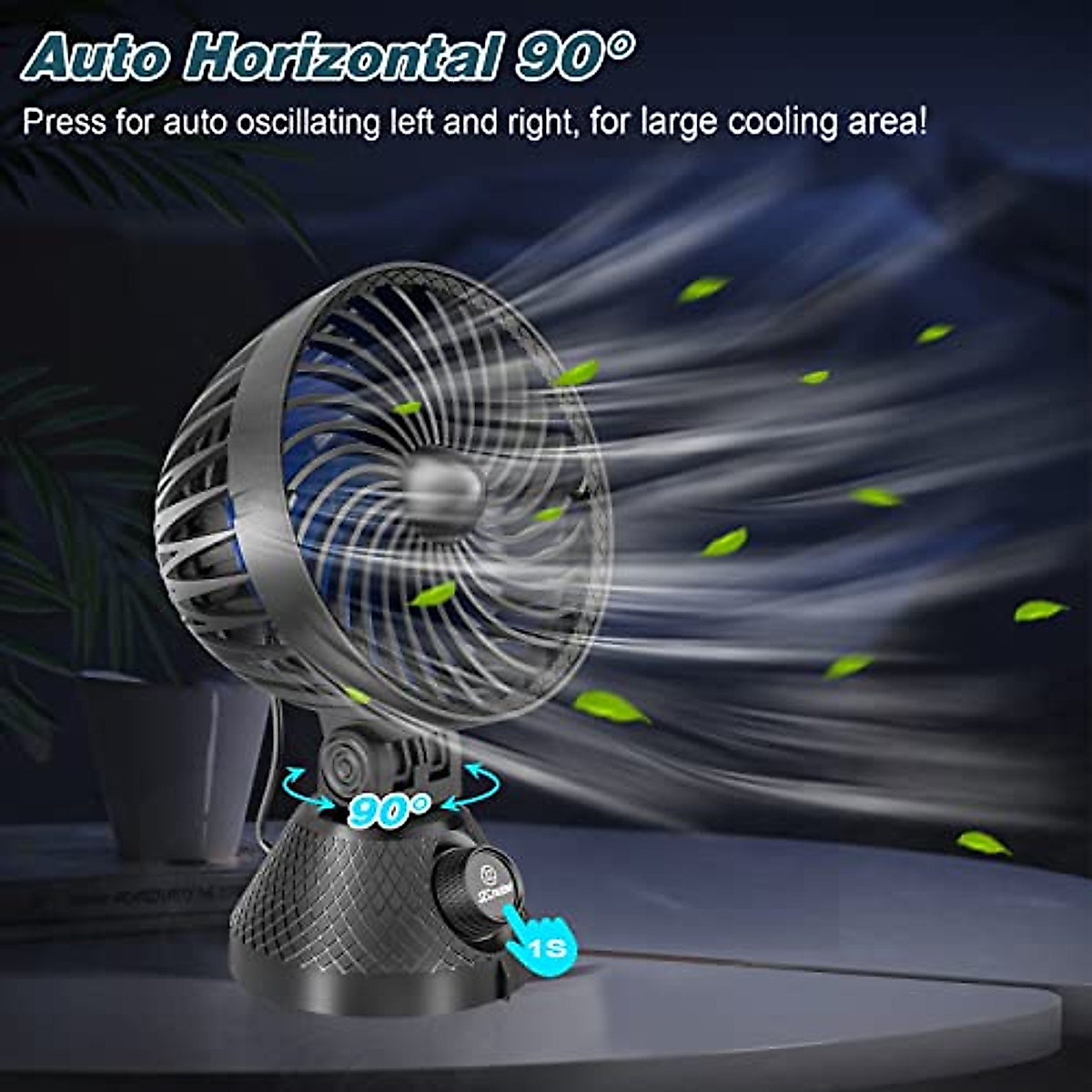 JZCreater USB Desk Fan, USB Mini Fan with Stepless Speed, 90°Auto Oscillating Fan, Quiet Rotation Strong Wind, Small Personal Fan for Bedroom Home Office Table Outdoor Stroller, 4.8inch(Black Blue