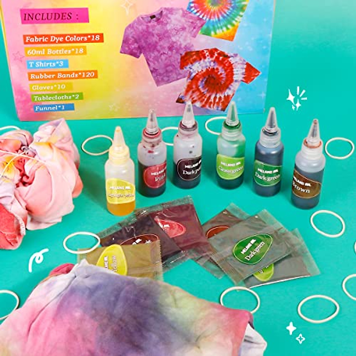 Meland Tie Dye Kit with 3 Shirts - 18 Colors DIY Tie Dye Set with 3 White T-Shirts, All-in-1 Fabric Tie Dye Craft Set for Kids & Adults, Tye Dye for Party Birthday Christmas Gifts for Girls Boys