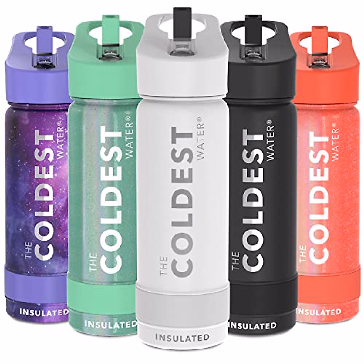 Coldest Sports Water Bottle - Straw Lid Bottle with Handle Leak Proof, Vacuum Insulated Stainless Steel, Double Walled, Thermo Mug, Metal | Epic White 18 oz