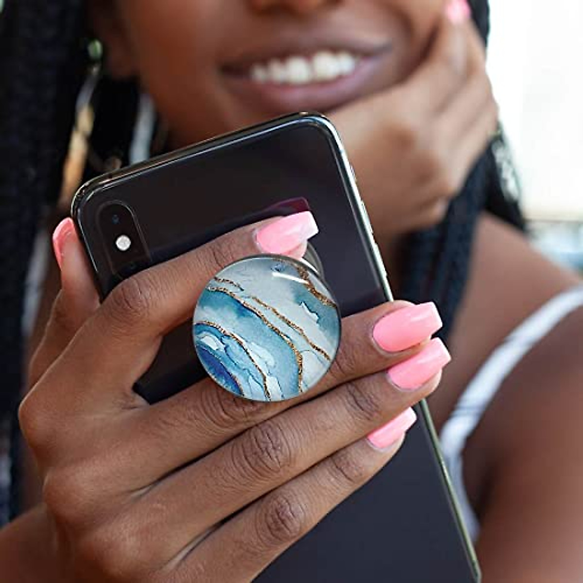 WUYULB Clear Crystal Glitter Expandible Collapsible Moblile Phone Grip Stand Holder for Smartphones and Tablets Cell Phone Accessory (Aqua Blue Rose Gold Wave)