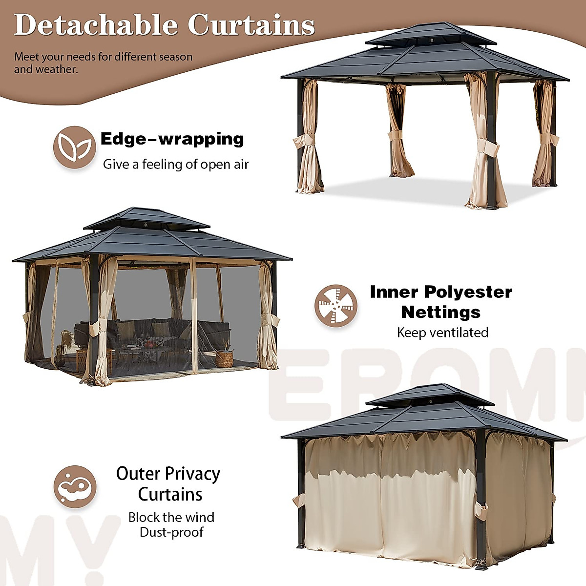 EROMMY 12'x14' Metal Steel Gazebo, Outdoor Aluminum Hardtop Canopy with Netting and Shaded Curtains, Double Roof Pergolas, Permanent Metal Pavilion for Patio, Backyard, Deck and Lawns Dark Bronze