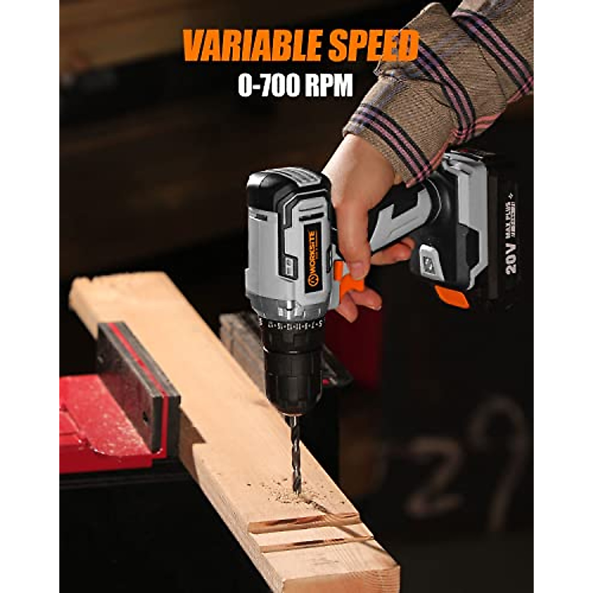 WORKSITE Cordless Drill/Driver Kit, 20V MAX 3/8" Compact Drill Set with 2.0A Battery, Charger, 309 In-lbs Max Torque, 24pcs Accessories for Drilling Wood Metal