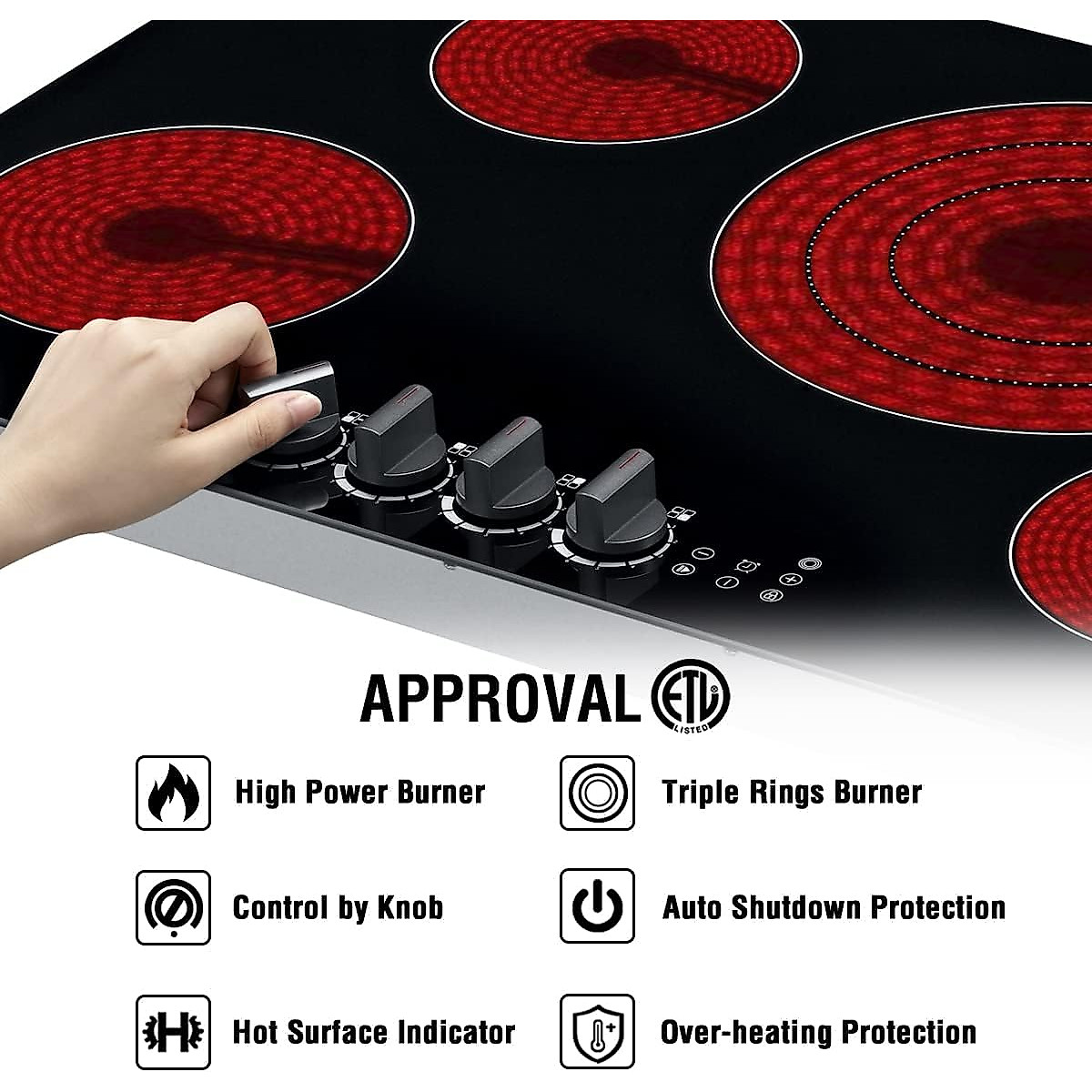 ECOTOUCH Eelectric Cooktop 30 inch 4 Burner 220-240V 6900W, Radiant Electric Cooktop Built-in, 30" Stove Top Knob Control, Timer&Child Safety Lock, for Hard Wire(No Plug), CRAH774A-U