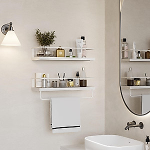 Onlysky White Floating Shelves with White Towel Rack - Set of 2 Wall Mounted Hanging Bathroom Shelves, Decorative Shelves for Stylish Storage in Bathroom, Kitchen, Living Room & Bedroom