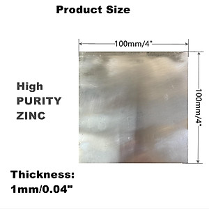 2Pcs Pure Copper Zinc Anode Sheet 99.9% 0.04" x 4" x 4" for Zinc Plating and Zinc Electroplating, Zinc Electrode Strips,Scientific Experiment Research(1mm x 100mm x 100mm)