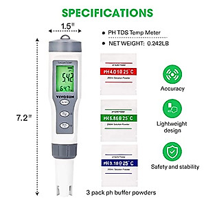 VIVOSUN 3-in-1 Digital pH Meter with ATC, ±0.1 pH Accuracy Water Quality Tester, 0-14.0 pH Measurement Range for Hydroponics, Household Drinking, Pool and Aquarium