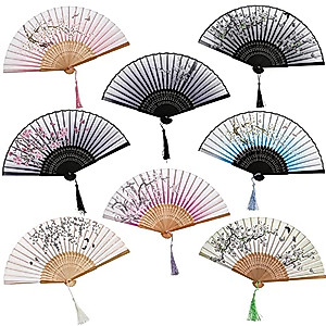 AVLA 8 Pack Folding Fans, Silk Fabric Bamboo Handheld Fans with Tassel, Floral Blossom Hand Holding Fans for Women, Wedding, Dancing Party, Gift, Cosplay, Wall Decoration, Chinese Vintage Retro Style