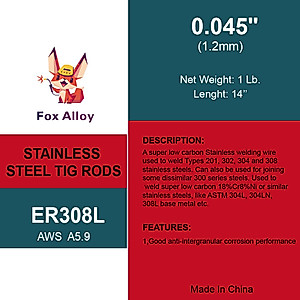 ER308L Stainless Steel TIG Welding Rods 36'' 1LB Tube Brazing Rod 914mm 0.45kg (0.045'' x 36'' 1LB)