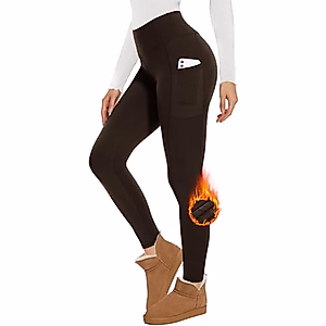 GAYHAY Fleece Lined Leggings Women with Pockets - Thermal High Waisted Winter Yoga Pants Warm Thick Leggings for Workout Dark Brown