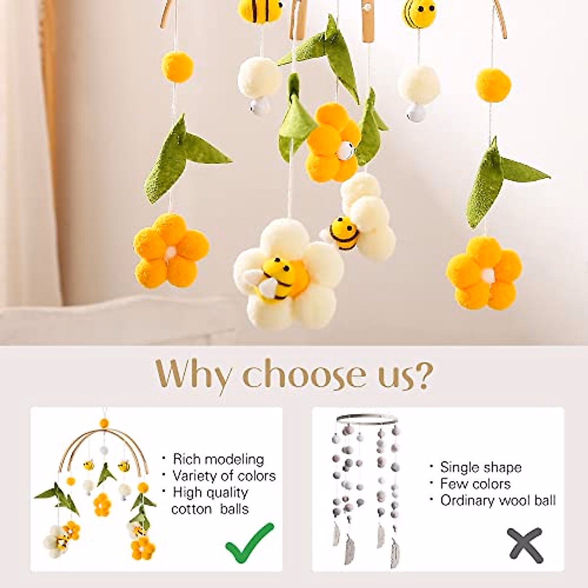 Baby Crib Mobile for Boys Girls/Bees Nursery Mobile/Nursery Cot Mobile/Gender Neutral Felt Ball Mobile/Ceiling Mobile