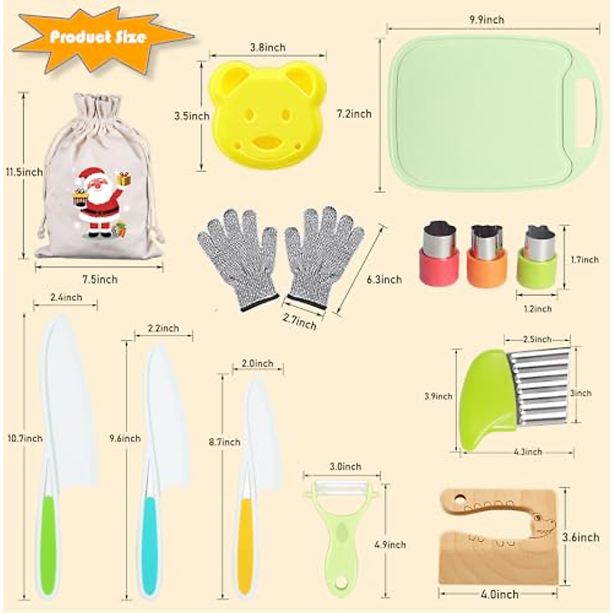 Tellshun 14 Pieces Wooden Kids Kitchen Knife Set with Gloves Cutting Board Fruit Vegetable Crinkle Cutters Serrated Edges Plastic Toddler Knifes for Real Cooking Kid Safe Knives