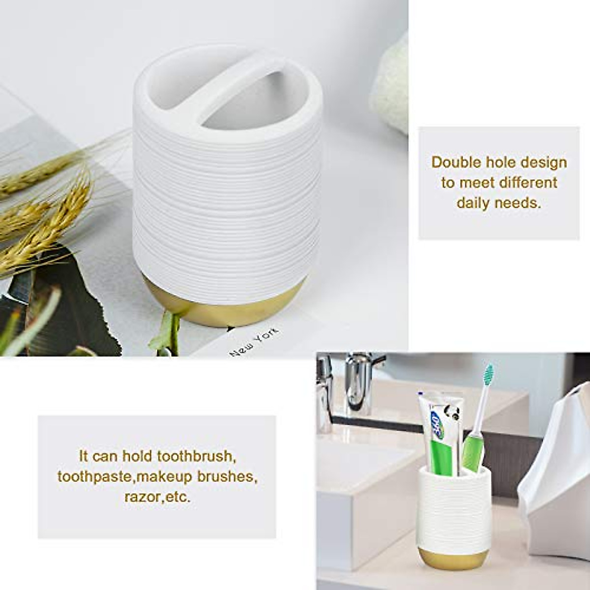 TONIAL Bathroom Accessories Gift Set, Bathroom Decor Set 4 Piece White-Queen Gold with Soap/Lotion Dispenser, Toothbrush Holder, Soap Dish, Tumbler