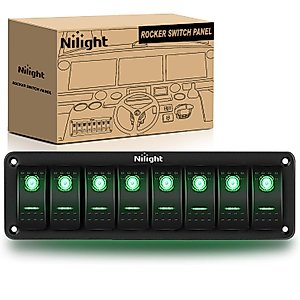 Nilight 8 Gang Rocker Switch Panel 5Pin On Off Toggle Switch Aluminum Holder 12V 24V Dash Pre-Wired Green Backlit Switches for Automotive Cars Marine Boats RVs Truck, 2 Years Warranty