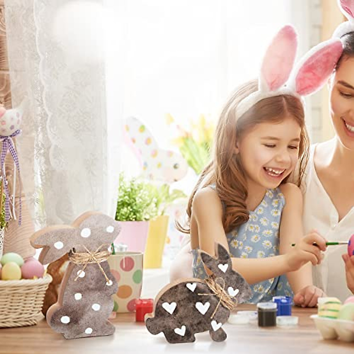 4 Pieces Easter Bunny Wooden Sign, Bunny Shape Easter Decorations Tabletop Rabbit Decor with Jute Rope Freestanding Farmhouse Rabbit Tiered Tray Decor for Spring Party Desk Office Gift Table Home