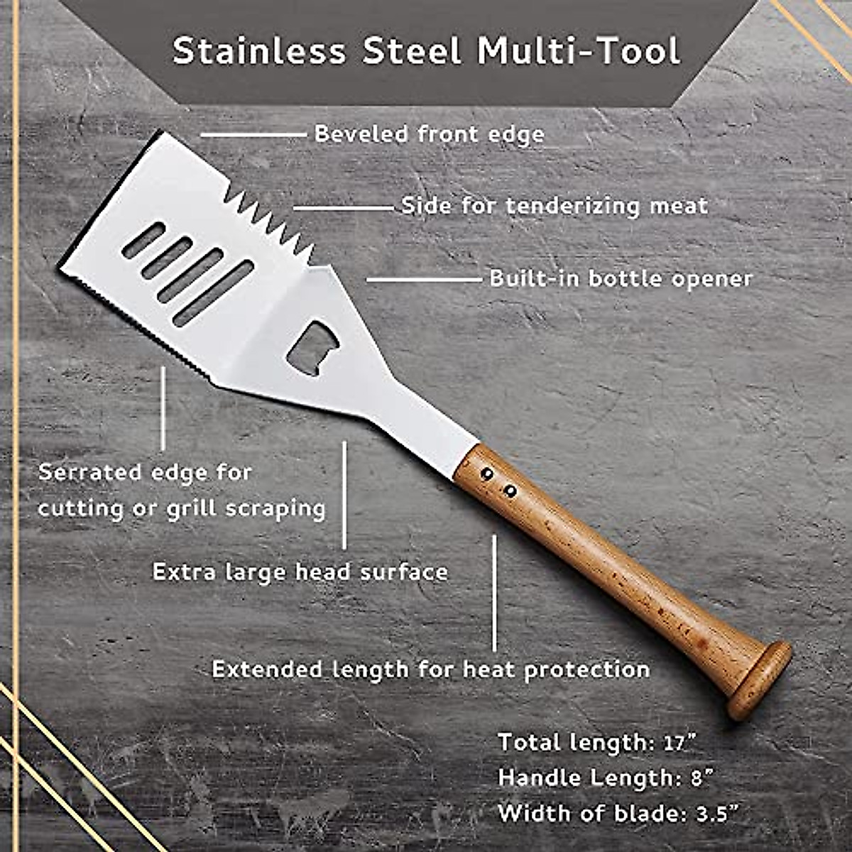 Baseball BBQ | 'Triple Play' Multi-Tool Spatula, Tongs & Fork Combo Set | BBQ Grilling Accessories & Utensils for Baseball Fans | Unique Wooden Bat Handle & Quality Stainless Steel Grill Masters