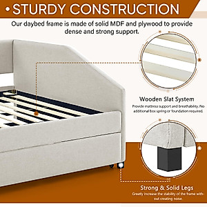 Twin Daybed with Storage Drawers, Upholstered Twin Size Daybed Frame, Modern Sofa Day Bed Frame with Curved Armrests, Linen Fabric Bedroom Furniture Bedframe, No Box Spring Needed (Twin, Beige)