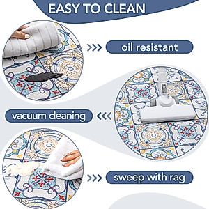 QUILTINA Kitchen Mats Cushioned Anti-Fatigue (2 PCS), Waterproof Non-Slip & Stain Resistant Kitchen Rug, 0.47'' Thick PVC Ergonomic Comfort Foam Rugs for Floor Home, Blue Flower Tile Pattern