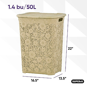 Superio Laundry Hamper with Lid Lace Design 50 Liter – 2 Pack Laundry Hamper Basket with Cutout Handles, Rectangular Shape Modern Style Bin -Dirty Cloths Storage (Beige 2 Pack)