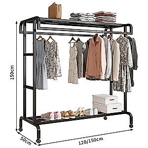 Double Rails Clothes Rack, Industrial Pipe Style Rolling Garment Rack, Heavy Duty Clothes Hanging Rack for Shop Home Office Laundry,Black,120 * 50 * 150cm