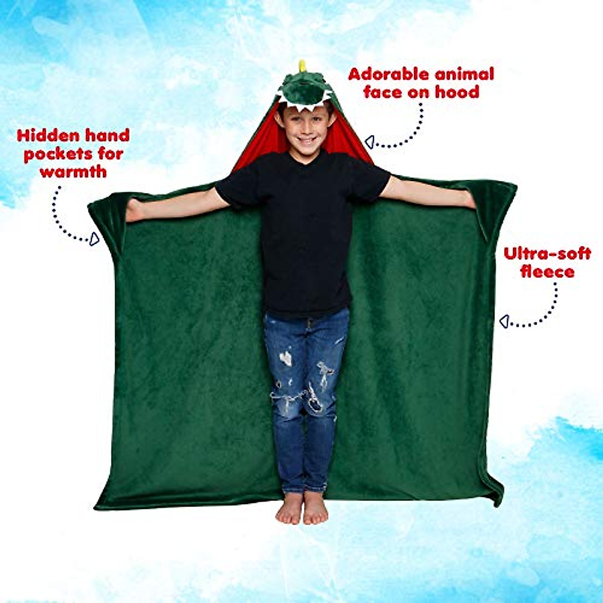 Silver Lilly Dinosaur Wearable Hooded Blanket - Soft Fleece Animal Wrap Around Dress-Up Costume Throw Blanket Cloak for Kids