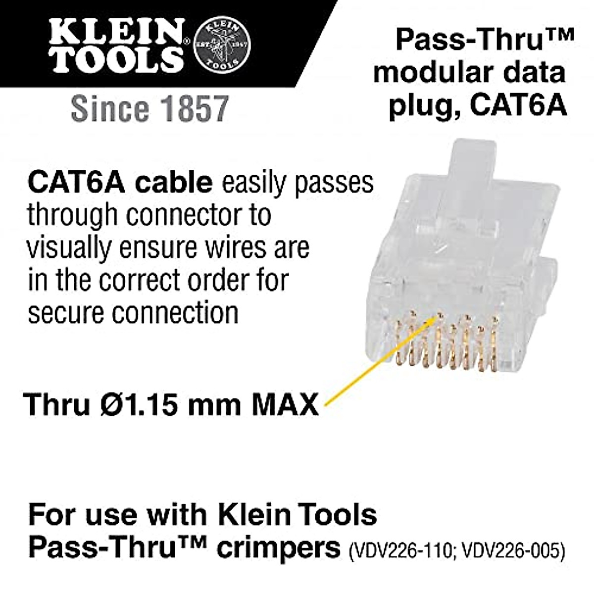 Klein Tools VDV826-764 Modular Data Plug for CAT6A and Larger Diameter CAT6 Indoor or Outdoor Ethernet Cable, 200-Pack