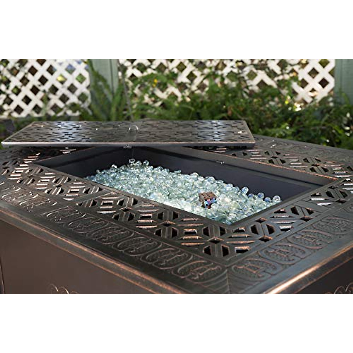 Fire Sense 62743 Dynasty Art Deco Aluminum Convertible Gas Fire Pit Table 55000 BTU Multi-Functional Outdoor Firepit with Fire Bowl Lid, Nylon Cover & Clear Fire Glass Bronze Finish - Rectangular 48"