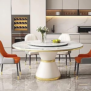 Round Marble Dining Table with Lazy Susan,Luxury Style Kitchen & Dining Room Tables with Metal Base,Modern Circular Pedestal Dining Table - Table Only(51" L x 51" W x 29.5" H, White)