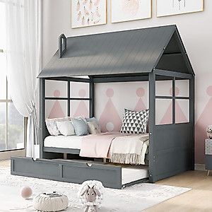 BIADNBZ Full Size House Bed with Twin Trundle, Wooden Platform BedFrame Daybed w/Roof&Window for Kids Boys Girls Bedroom, Gray