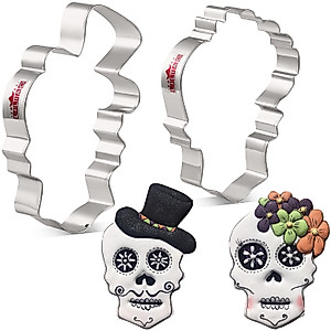 LILIAO Halloween Skull Cookie Cutter Set - 2 Piece - Skull with Hat and Flowers Fondant Biscuit Cutters - Stainless Steel