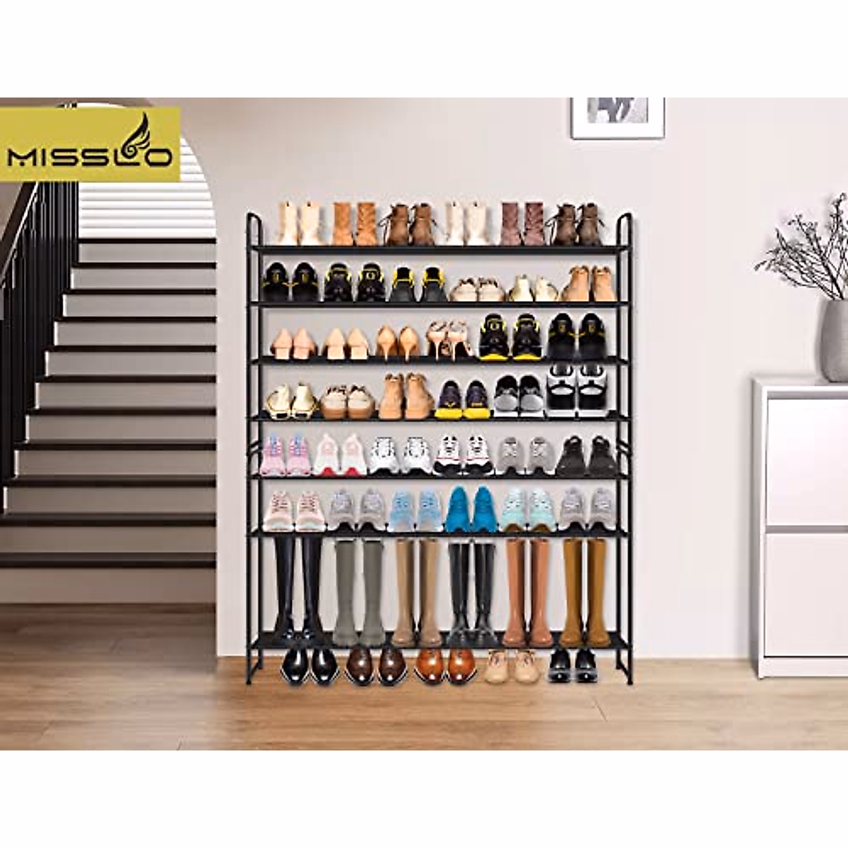 MISSLO 4 Tier Long Shoe Organizer for Closet Shoe Rack for Bedroom Closet Floor Shoe Shelf for Entryway Storage Stackable Wide Shoe Shelf Stores 30 Pairs of Men Sneakers, Black